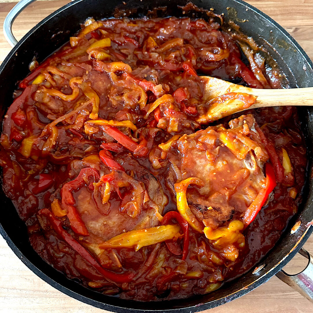 Pork Chops Smothered with Classic Peperonata (Stewed Peppers)- Farm to Jar